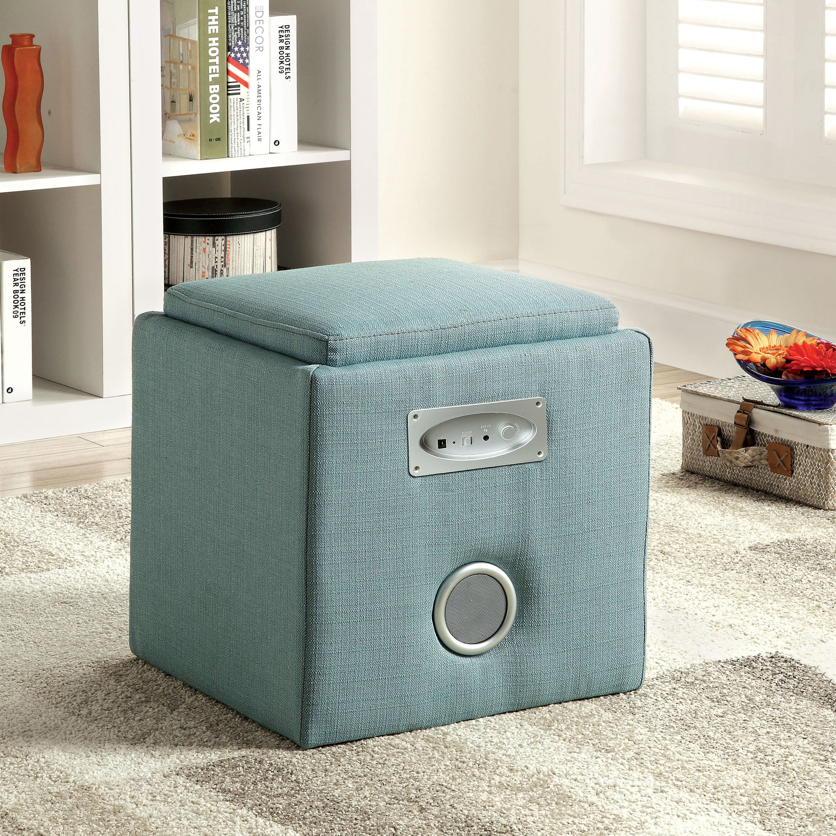 Malia Contemporary Square Bluetooth Fabric Ottoman with Speaker — 24/7 ...
