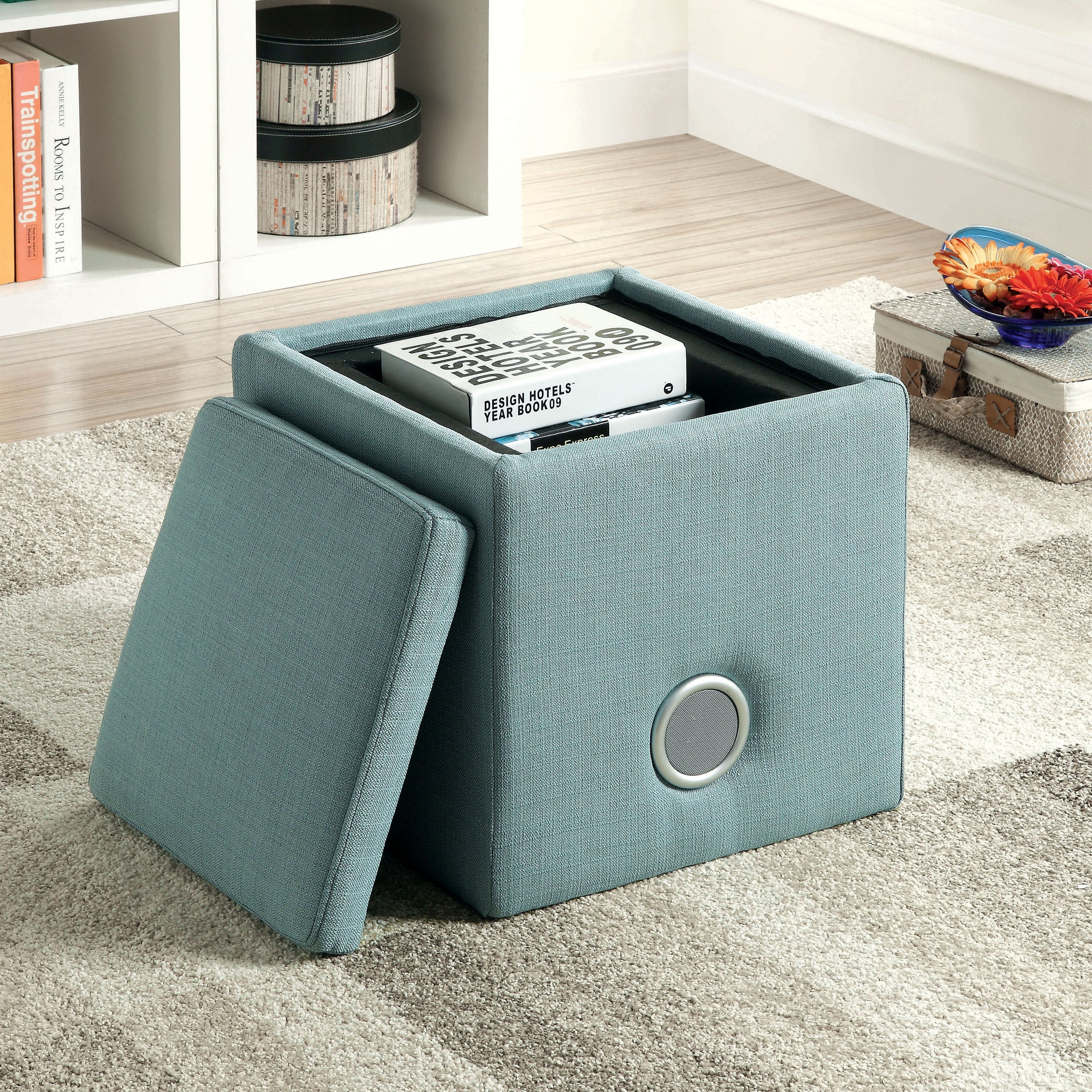 Malia Contemporary Square Bluetooth Fabric Ottoman with Speaker — 24/7 ...