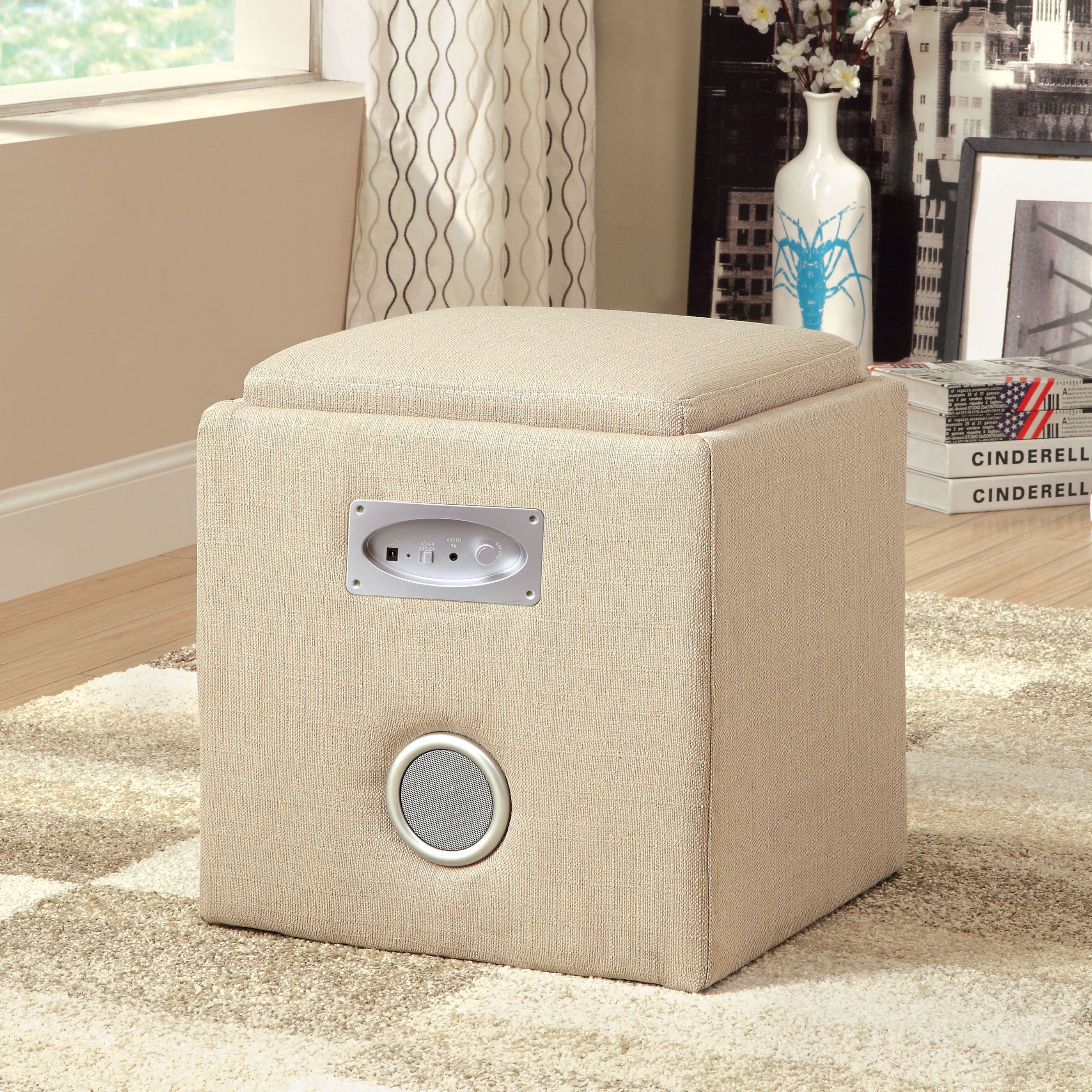 Malia Contemporary Square Bluetooth Fabric Ottoman with Speaker — 24/7 ...