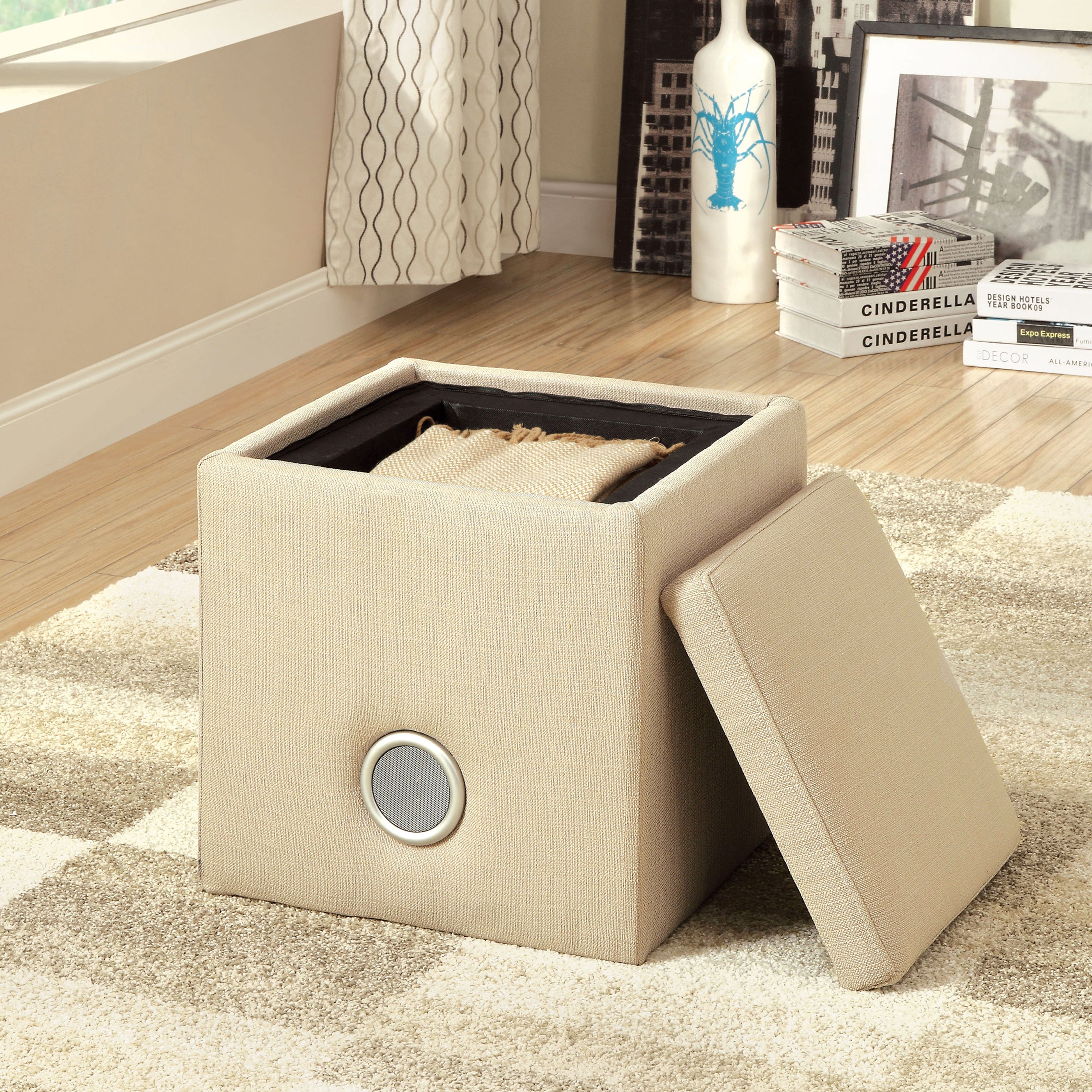 Malia Contemporary Square Bluetooth Fabric Ottoman with Speaker — 24/7 ...