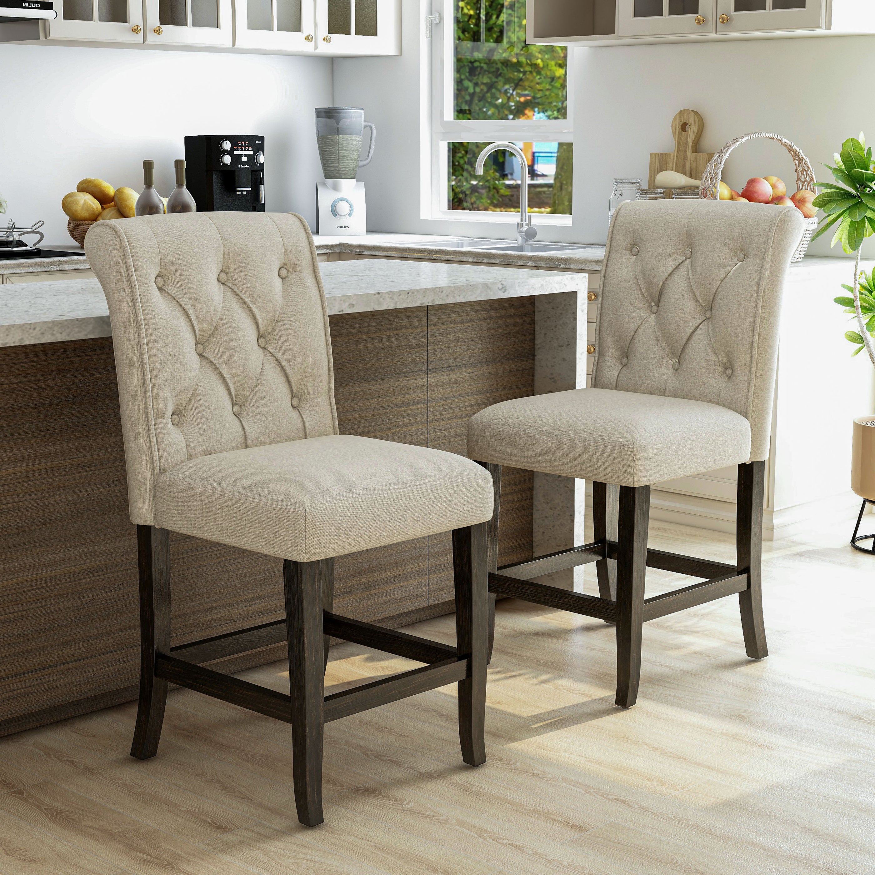 Alderman Tufted Fabric Rolled Back Counter Height Chairs (Set of 2 ...