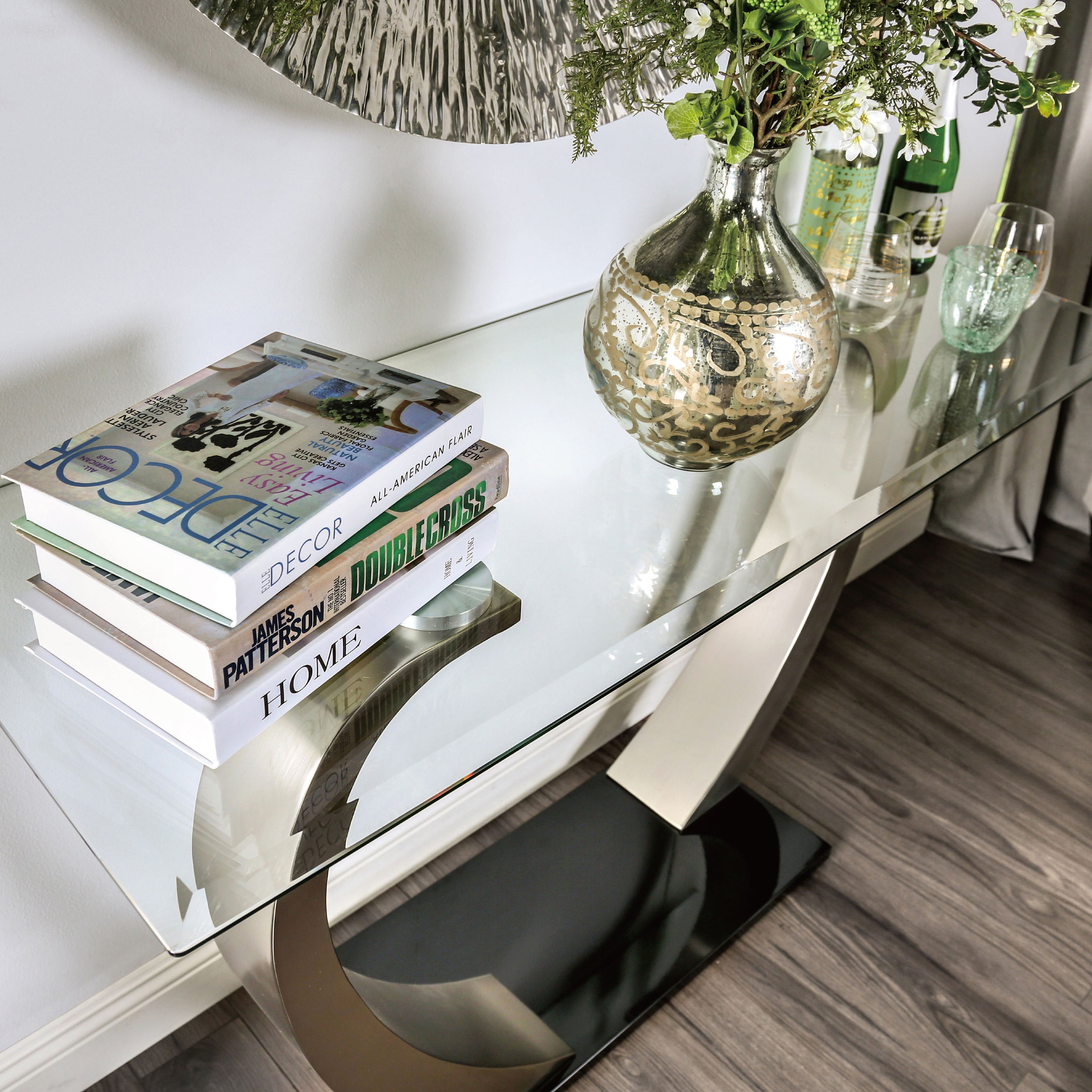Roxo Chrome Finish Glass Top Console Table — 24/7 Shop At Home