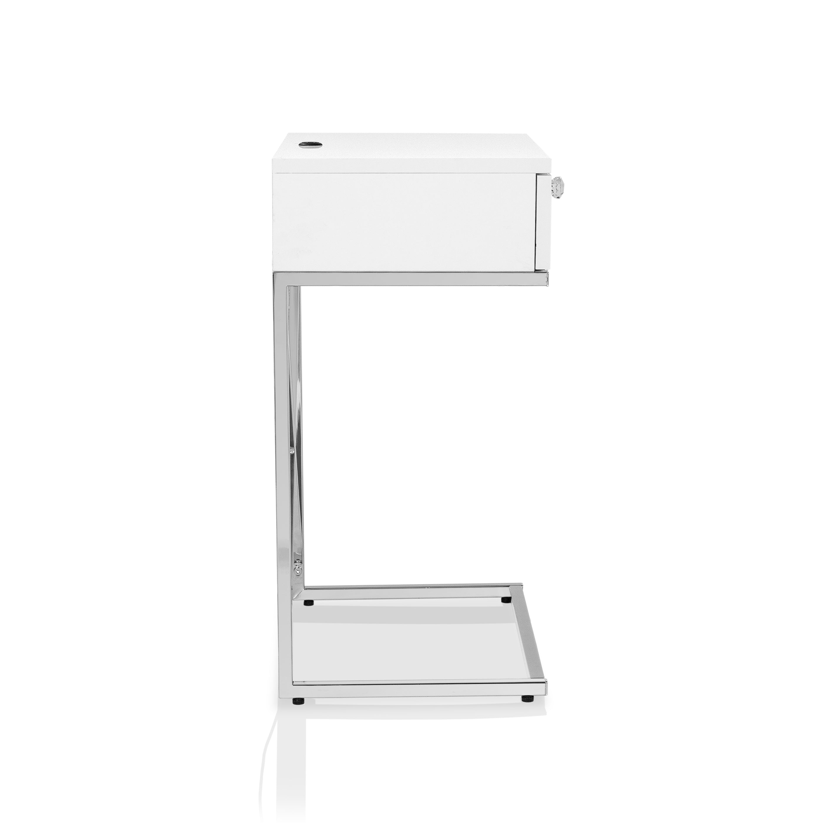 Elana Glossy White & Chrome 1-Drawer C-Style Side Table with USB Port ...