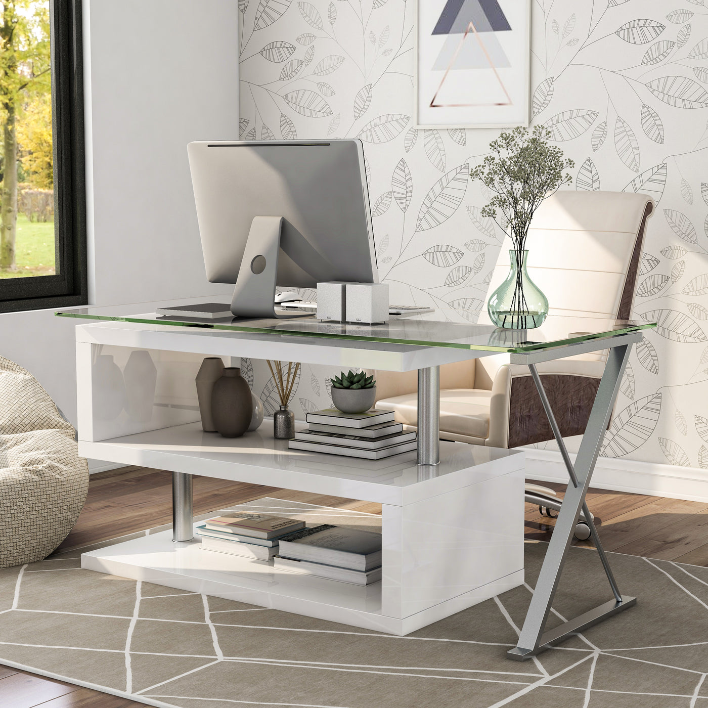 Elona Chrome & Tempered Glasstop High Gloss Convertible Office Desk ...