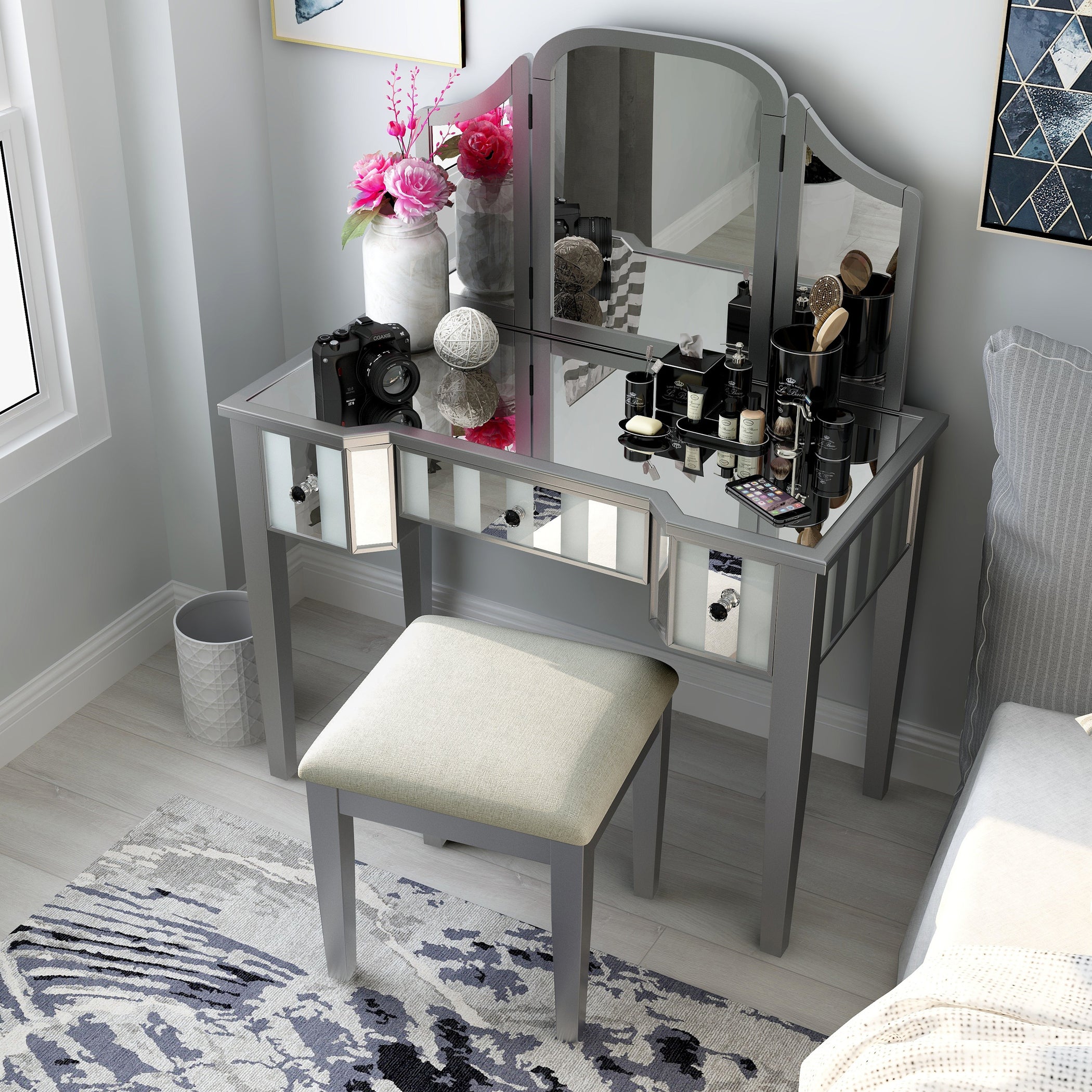 Wilhemina Glam Frosted Stripe Trifold Mirror Vanity Set with Stool — 24 ...