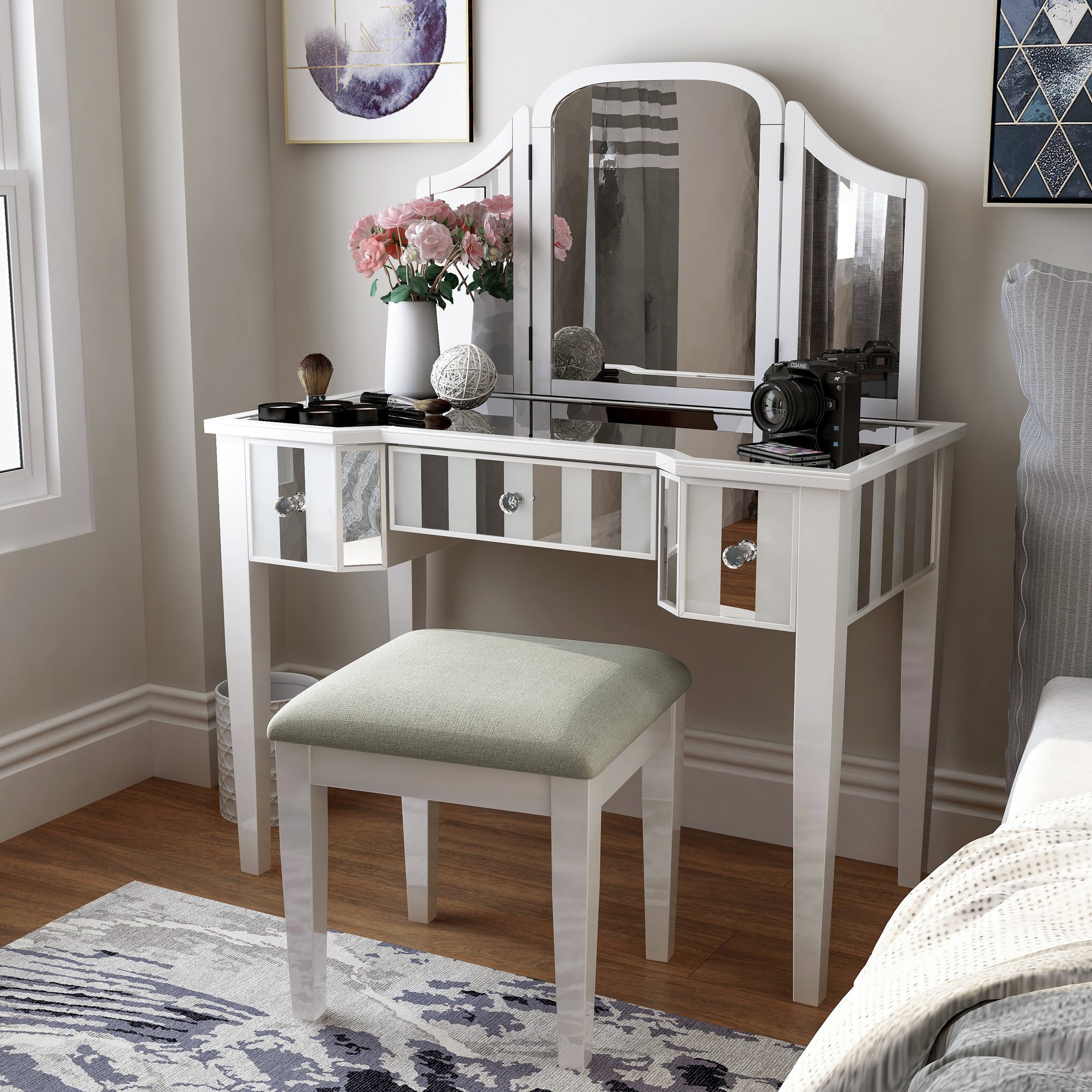 Wilhemina Glam Frosted Stripe Trifold Mirror Vanity Set with Stool — 24 ...