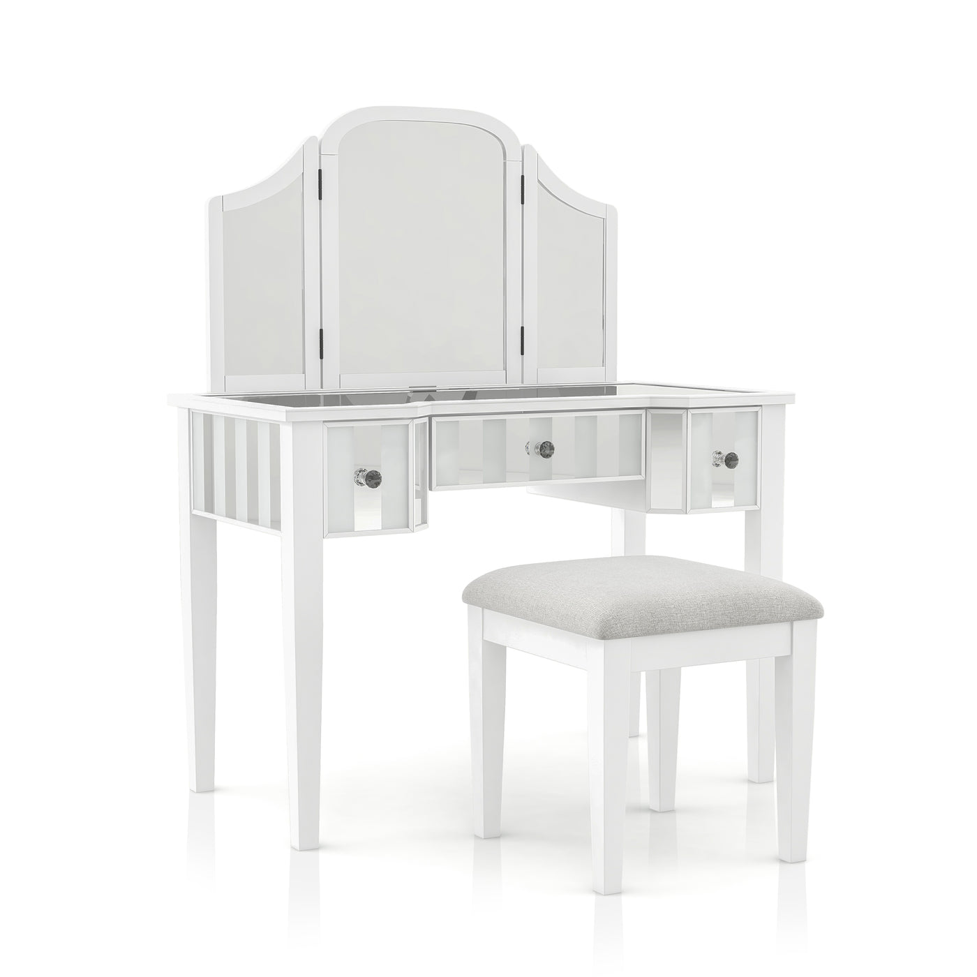 Wilhemina Glam Frosted Stripe Trifold Mirror Vanity Set with Stool — 24 ...