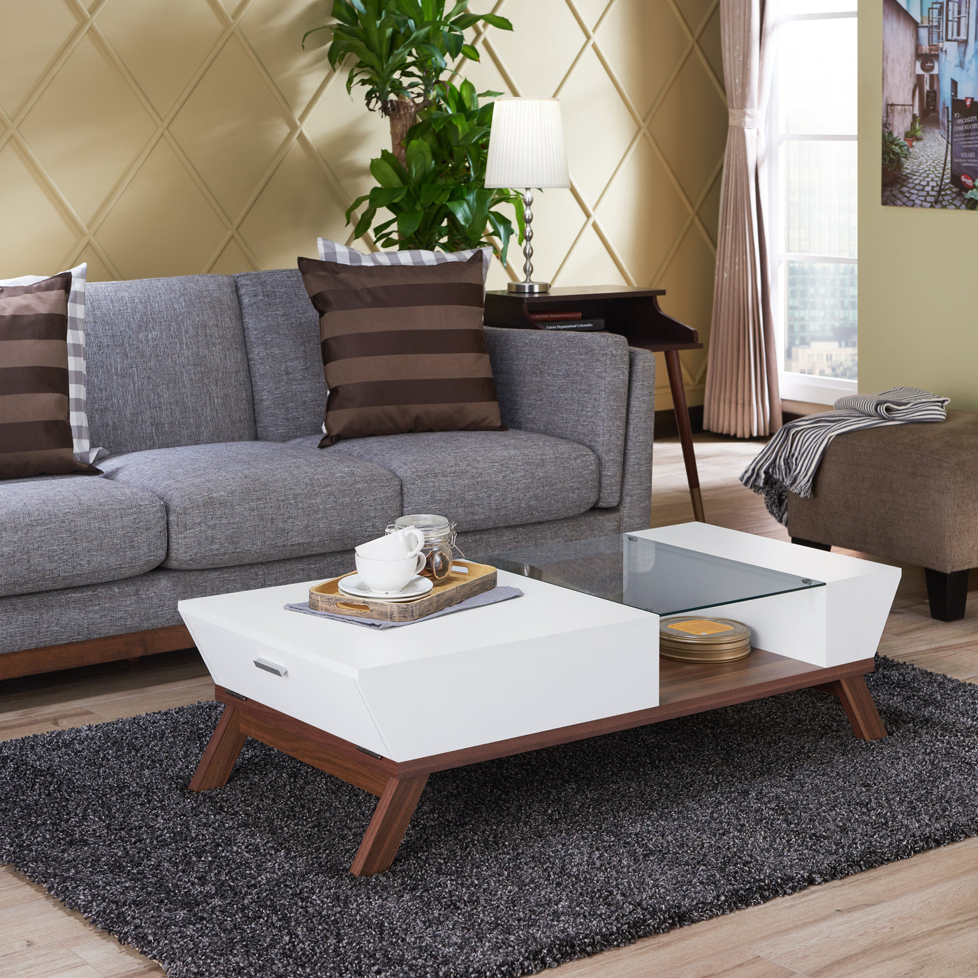 Browson Mid-Century Modern Glass Insert Pull-Down Cabinet Coffee Table ...