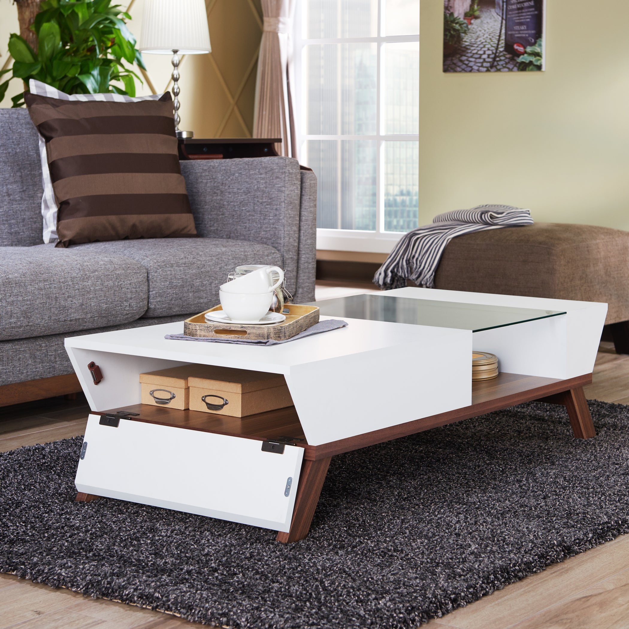 Browson Mid-Century Modern Glass Insert Pull-Down Cabinet Coffee Table ...